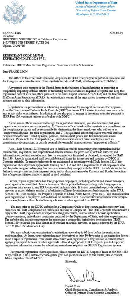 US Department of State ITAR – Dicronite Southwest